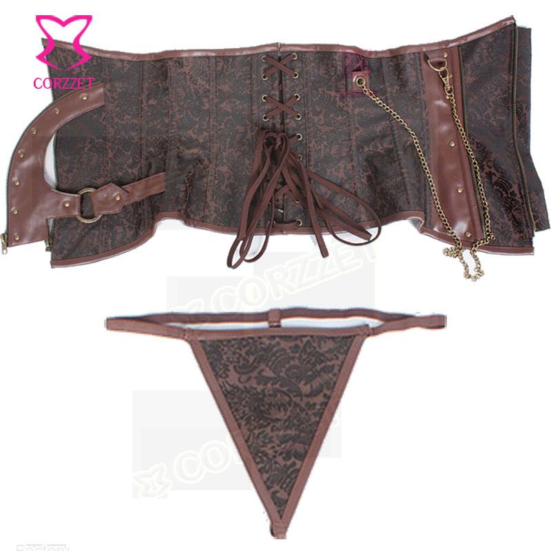 2091 Brown Brocade Steel Boned Steampunk Underbust Corset With Zipper